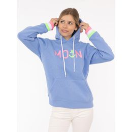 Hoodie Zwillingsherz "Rahel", Damen, Gr. S, blau, Obermaterial: 50% Baumwolle, 50% Polyester, bedruckt, unifarben, h&uuml;ftbedeckend, ohne Ausschnitt, Rippb&uuml;ndchen kontrastfarben, Sweatshirts Hoodie, mit "MOIN" und Anker Stickerei, kontrastfarbigen &Auml;rmelb&uuml;ndchen