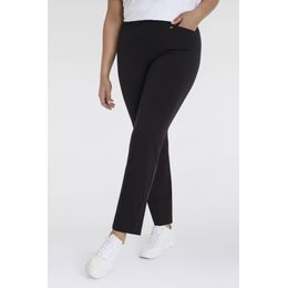 Stoffhose KjBRAND "Hose Bea in Bi-Stretch Kammgarnoptik mit B&uuml;gelfalte", Damen, Gr. 48, N-Gr, schwarz, Web, Obermaterial: 63% Polyester, 35% Viskose, 2% Elasthan, unifarben, weit, unten schmal normal, Hosen Stoffhose, Sommerhose, ideal f&uuml;r kr&auml;ftige Oberschenkel