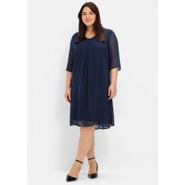 Chiffonkleid sheego "Cocktailkleid", Damen, Gr. 50, Normalgr&ouml;&szlig;en, blau (marine), 100% Polyester, unifarben, knielang, V-Ausschnitt, Kleider Chiffonkleid