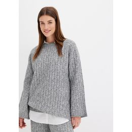 Strickpullover bonprix "Oversize-Pullover mit Zopfmuster", Damen, Gr. 36/38 (S), grau (grau meliert), Strick, Obermaterial: 97% Polyester, 3% Wolle, meliert, oversize normal, Rundhals, Trompeten&auml;rmel gerader Abschluss, Pullover Strickpullover, aus Polyester und Wolle, mit Rundhalsausschnitt, mit Zopfmuster