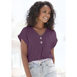 Schlupfbluse Lascana, Damen, Gr. 34, lila (violett), Web, Obermaterial: 100% Viskose, unifarben, figurumspielend h&uuml;ftlang, V-Ausschnitt, Blusen Schlupfbluse, mit modischen Kn&ouml;pfen, luftige Kurzarmbluse, sommerlich, Topseller