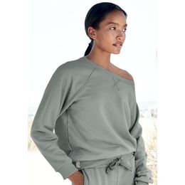 Sweatshirt Lascana, Damen, Gr. 40/42, gr&uuml;n (salbeigr&uuml;n), Sweatware, Obermaterial: 100% Baumwolle, Strukturmuster, Basic, bequem h&uuml;ftbedeckend, Rundhals, breiter Bund, Sweatshirts Sweatshirt, aus organischer Baumwolle, Loungewear
