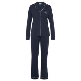 Pyjama Lascana, Damen, Gr. 40/42, blau (dunkelblau), Single Jersey, Obermaterial: 50% Baumwolle, 50% Viskose, bedruckt, kontrastfarbene Details, unifarben, klassisch lang, V-Ausschnitt, Homewear-Sets Pyjama, mit Kontrastpaspeln