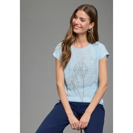 T-Shirt Laura Scott, Damen, Gr. 44/46, hellblau, Web, Obermaterial: 100% Polyester, Glitzermuster, figurumspielend h&uuml;ftlang, U-Boot-Ausschnitt, Shirts T-Shirt, mit Glitzerdurck und Leinen-Optik