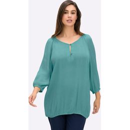 Longbluse sheego, Damen, Gr. 48, blau (ozean), 100% Viskose, unifarben, V-Ausschnitt, Blusen Longbluse