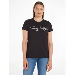 T-Shirt Tommy Hilfiger "HERITAGE CREW NECK GRAPHIC TEE", Damen, Gr. XXS (32), schwarz (masters schwarz), Single Jersey, Obermaterial: 100% Baumwolle, bedruckt, unifarben, figurbetont h&uuml;ftbedeckend, Rundhals, abgesteppt, Shirts T-Shirt, mit Tommy Hilfiger Script Logo-Schriftzug & Logo-Flag am Saum