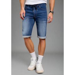 Jogg-Jeansbermudas Kangaroos, Herren, Gr. 38, L&auml;nge 32, dunkelblau used, Denim/Jeans, Obermaterial: 65% Baumwolle, 33% Polyester, 2% Elasthan, unifarben, regular fit kniefrei, Jeans Jogg-Jeansbermudas, Regular Fit, gerade geschnittenes Bein