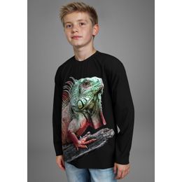 Langarmshirt Kidsworld "GECKO, Fotoprint", Jungen, Gr. 140/146, schwarz, Single Jersey, Obermaterial: 100% Baumwolle. Vorderteil: 100% Polyester, bedruckt, Basic, Shirts Langarmshirt, Shirt mit Fotodruck, Gecko