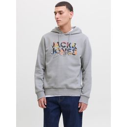 Jack & Jones Kapuzensweatshirt JACK & JONES "JJGEPLAS SWEAT HOOD", Herren, Gr. S, grau (ultimate grau), angeraute Sweatware, Obermaterial: 60% Baumwolle, 40% Polyester, bedruckt, regular fit normal, Rippb&uuml;ndchen, Sweatshirts Kapuzensweatshirt