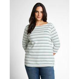 T-Shirt Tom Tailor PLUS, Damen, Gr. 52, blau haze multicolor stripe, Single Jersey, Obermaterial: 97% Baumwolle, 3% Elasthan, bedruckt, gestreift, regular fit normal, U-Boot-Ausschnitt, gerader Abschluss, Shirts T-Shirt, mit Schriftzug