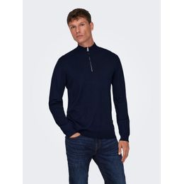 Only & Sons Strickpullover ONLY & SONS "ONSWYLER LIFE REG 14 HALF ZIP KNIT NOOS", Herren, Gr. XL, blau (schwarz navy), Strick, Obermaterial: 78% Viskose, 22% Polyester, unifarben, Basic, regular fit normal, ohne Ausschnitt, Rippb&uuml;ndchen, Pullover Strickpullover
