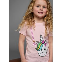 T-Shirt Kidsworld "f&uuml;r kleine M&auml;dchen", M&auml;dchen, Gr. 104/110, rosa (hellrosa), Jersey, Obermaterial: 100% Baumwolle, bedruckt, Basic h&uuml;ftlang, Rundhals, abgesteppte Kante, Shirts T-Shirt, Kurzarm, basic geschnittene Passform, mit Glitzerdetails und Print, Topseller