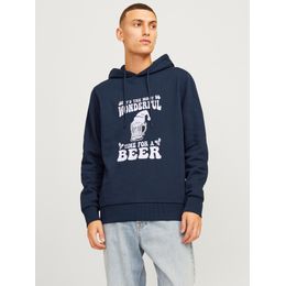 Jack & Jones Kapuzensweatshirt JACK & JONES "JJXMAS ONE COLOR FUNNY SWEAT HOOD", Herren, Gr. M, blau (sky captain), angeraute Sweatware, Obermaterial: 60% Baumwolle, 40% Polyester, bedruckt, normal, Rundhals, Rippb&uuml;ndchen, Sweatshirts Kapuzensweatshirt