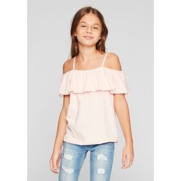 T-Shirt Kidsworld "Volant-Shirt", M&auml;dchen, Gr. 140/146, rosa (hellrosa), Single Jersey, Obermaterial: 100% Baumwolle, unifarben, weit taillenbedeckt, Carmenausschnitt, Volant, Shirts T-Shirt, Kurzarm, weite Passform, Carmenausschnitt, aus Jerseystoff, Topseller