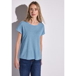 T-Shirt Street One, Damen, Gr. 42, serenity blau, Jersey, Obermaterial: 80% Polyester, 20% Viskose, unifarben, h&uuml;ftbedeckend, U-Boot-Ausschnitt, Shirts T-Shirt, mit Spitzendetail
