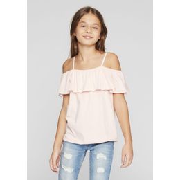 T-Shirt Kidsworld "Volant-Shirt", M&auml;dchen, Gr. 176/182, rosa (hellrosa), Single Jersey, Obermaterial: 100% Baumwolle, unifarben, weit taillenbedeckt, Carmenausschnitt, Volant, Shirts T-Shirt, Kurzarm, weite Passform, Carmenausschnitt, aus Jerseystoff, Topseller