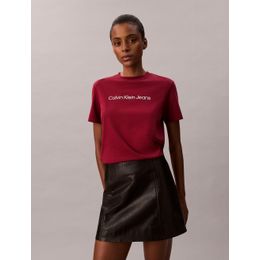 T-Shirt Calvin Klein Jeans "A- INST. LOGO CLASSIC TEE SS", Damen, Gr. XXS (34), magenta jewel, Jersey, Obermaterial: 100% Baumwolle, unifarben, klassisch h&uuml;ftlang, Rundhals, Shirts T-Shirt, mit Logoschriftzug