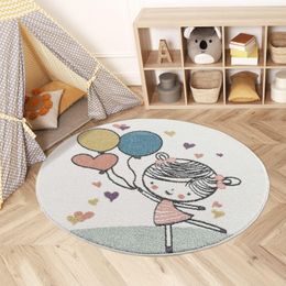 Kinderteppich Carpet City "Anime9393", beige (creme), H:11mm &Oslash;:120cm, Polypropylen (PP), Teppiche, Kinderteppich, Spielteppich, M&auml;dchen, Herzen, Ballon, Weicher Flor, Pflegeleicht
