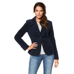 Jackenblazer Aniston CASUAL, Damen, Gr. 34, blau (marine), Web, Obermaterial: 97% Baumwolle, 3% Elasthan. Futter: 100% Polyester, unifarben, figurbetont h&uuml;ftlang, normaler Saum mit Kn&ouml;pfen, Blazer Jackenblazer, mit Stoff-Einfassungen und &Auml;rmelpatches, Topseller