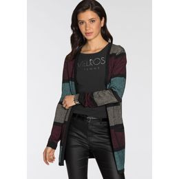Longstrickjacke Melrose, Damen, Gr. 40/42, bunt (petrol, bordeaux, gestreift), Feinstrick, Obermaterial: 43% Viskose, 22% Polyamid, 20% Polyester, 15% metallisierte Fasern, gestreift, gerade ca. Mitte Oberschenkel, V-Ausschnitt, Strickjacken Longstrickjacke, aus weichem Glitzergarn, Topseller