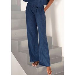 Homewearhose Lascana, Damen, Gr. 36/38, N-Gr, blau (blau, meliert), Rippware, Obermaterial: 56% Polyester, 41% Viskose, 3% Elasthan, meliert, unifarben, bequem lang, Hosen Homewearhose, -Lounge-/Strickhose mit weitem Bein und seitlichen Taschen, Loungewear, Topseller