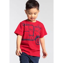 T-Shirt Kidsworld "FEUERWEHR", Jungen, Gr. 128/134, rot, Single Jersey, Obermaterial: 100% Baumwolle, bedruckt, Basic, Rundhals, Shirts T-Shirt, Kurzarm, Basic-Passform, mit trendigem Druck, Rundhalsausschnitt