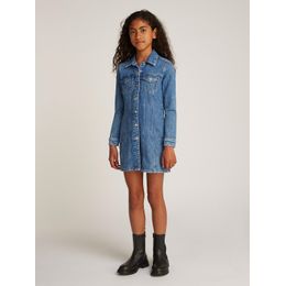 Jeanskleid Tommy Hilfiger "DENIM DRESS LS", M&auml;dchen, Gr. 12 (152), N-Gr, blau (saltandpepper), Denim/Jeans, Obermaterial: 99% Baumwolle, 1% Elasthan, unifarben, normal, 1-Knopf-Manschette, Kleider Jeanskleid, mit Brusttaschen, in blauer Waschung