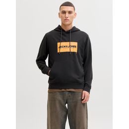 Jack & Jones Kapuzensweatshirt JACK & JONES "JJCOLE PRINT SWEAT HOOD UNB", Herren, Gr. S, schwarz, angeraute Sweatware, Obermaterial: 60% Baumwolle, 40% Polyester, bedruckt, regular fit, Rippb&uuml;ndchen, Sweatshirts Kapuzensweatshirt