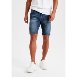 Jeansshorts Buffalo "5-Pocket Shorts", Herren, Gr. 32, N-Gr, blau (dunkelblau), Jeans, Obermaterial: 98% Baumwolle, 2% Elasthan, Destroyed-Effekte, regular fit kurz, Jeans Jeansshorts, mit normaler Bundh&ouml;he, kurze Hose aus elastischer Denim-Qualit&auml;t, Topseller