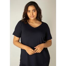 T-Shirt Base Level Curvy "Alba", Damen, Gr. 52, blau (navy dunkelblau), Single Jersey, Obermaterial: 94% Viskose, 6% Elasthan, unifarben, figurumspielend h&uuml;ftlang, V-Ausschnitt, abgesteppt, Shirts T-Shirt, mit V-Ausschnitt, Topseller