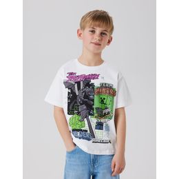 T-Shirt name it "NKMJAHI MINECRAFT NREG SS TOP NOOS BFU", Jungen, Gr. 116, wei&szlig; (hellwei&szlig;), Jersey, Obermaterial: 100% Baumwolle, bedruckt, relaxed fit normal, Rundhals, Shirts T-Shirt, Topseller