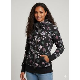 Sweatjacke Ragwear "NESKA ZIP FLOWERS O", Damen, Gr. XS, schwarz, Sweatware, Obermaterial: 70% Baumwolle, 30% Polyester, bedruckt, gebl&uuml;mt, gemustert, figurbetont h&uuml;ftbedeckend, Rundhals, Rippb&uuml;ndchen, Sweatjacken Sweatjacke, mit extra breiten B&uuml;ndchen