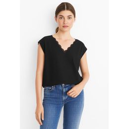 Kurzarmshirt Pieces "PCKAMALA LACE V-NECK TEE JRS NOOS BC", Damen, Gr. XS, schwarz, Jersey, Obermaterial: 73% Modal, 27% Polyester, unifarben, relaxed fit normal, V-Ausschnitt, Shirts Kurzarmshirt