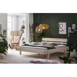 Holzbett Salesfever "F&uuml;gen Bett aus Naturholz", beige (natur, natur, natur), B:164cm H:78cm L:224cm, Betten, Holzbett, Massives Fichten-Balkenbett: Uriges Landhausdesign