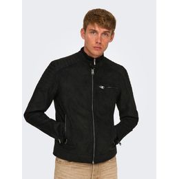 Only & Sons Lederimitatjacke ONLY & SONS "ONSGUS FAUX SUEDE RACER JACKET OTW NOOS", Herren, Gr. XL, schwarz, Web, Obermaterial: 100% Polyester, unifarben, regular fit normal, hoch geschlossener Ausschnitt, Jacken Lederimitatjacke