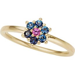 Fingerring Firetti "Schmuck Geschenk Gold 333 Damenring Goldring Blume Edelstein" Gr. 18, bunt (gelbgoldfarben, blau, rot), Fingerringe, Damen, 18, Gelbgold 333, 1,45mm, Fingerring, mit Rubin, Saphir