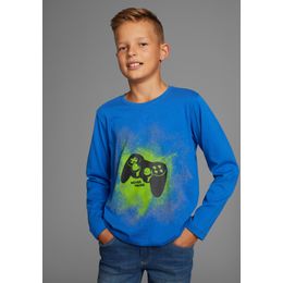 Langarmshirt Kidsworld "GAMER", Jungen, Gr. 176/182, blau (royalblau), Jersey, Obermaterial: 100% Baumwolle, bedruckt, Basic, Basic, Rundhals, Shirts Langarmshirt, Gamer-Shirt Langarm, Basic-Passform, mit trendigem Aufdruck, Topseller
