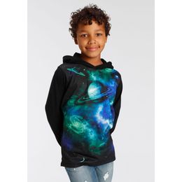 Kapuzenshirt Kidsworld "UNIVERSUM -Fotoprint", Jungen, Gr. 176/182, schwarz, Jersey, Obermaterial: 100% Baumwolle. Kapuzenfutter: 100% Baumwolle. Vorderteil: 100% Polyester, bedruckt, Basic, Shirts Kapuzenshirt, Langarm, Basic-Passform, mit trendigem Druck, aus Jerseystoff, Topseller