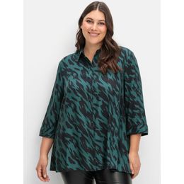 Longbluse sheego, Damen, Gr. 44, schwarz (schwarz, gemustert), 100% Lyocell TENCEL&trade;, gemustert, Blusen Longbluse