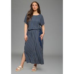 Maxikleid LAURA SCOTT CURVE, Damen, Gr. 42, N-Gr, navy, beige, Single Jersey, Obermaterial: 95% Viskose, 5% Elasthan, gestreift, figurumspielend kn&ouml;chellang, U-Boot-Ausschnitt, angeschnitten, Kleider Maxikleid, in modernem Streifen-Design
