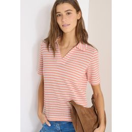 T-Shirt Cecil, Damen, Gr. M (40), cherry tomato orange, Jersey, Obermaterial: 70% Baumwolle, 19% Polyester, 11% Viskose, gestreift, l&auml;ssig geschnitten h&uuml;ftbedeckend, V-Ausschnitt, Shirts T-Shirt, Ajourstrick mit Streifenmuster