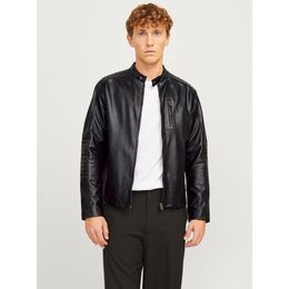 Jack & Jones Lederjacke JACK & JONES "JJELIAM LAMB LEATHER JACKET NOOS", Herren, Gr. XS, schwarz, Web, Obermaterial: 100% Lammleder, unifarben, normal taillenbedeckt, ohne Ausschnitt, gerader Abschluss mit Rei&szlig;verschluss, Jacken Lederjacke, mit markanter Schultersteppung