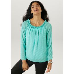 Schlupfbluse Aniston SELECTED, Damen, Gr. 42, blau (t&uuml;rkis), Chiffon, Obermaterial: 100% Polyester. Futter: 95% Viskose, 5% Elasthan, leicht transparent, l&auml;ssig geschnitten h&uuml;ftbedeckend, Carmenausschnitt, Raglan&auml;rmel, Blusen Schlupfbluse, mit weiten Ausschnitt und elastischen Gummi