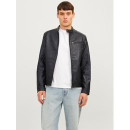 Jack & Jones Lederimitatjacke JACK & JONES "JJEDYLAN PU BIKER JACKET NOOS", Herren, Gr. L, schwarz, Web, Obermaterial: 88% Polyester, 9% Baumwolle, 3% Viskose, unifarben, normal, 1-Knopf-Manschette, Jacken Lederimitatjacke