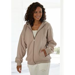 Kapuzensweatjacke Lascana, Damen, Gr. 40/42, grau (taupe), Sweatware, Obermaterial: 60% Baumwolle, 40% Polyester, bestickt, unifarben, bequem h&uuml;ftbedeckend, Rippb&uuml;ndchen, Sweatjacken Kapuzensweatjacke, mit seitlichen Taschen und Innen angeraut, Loungewear