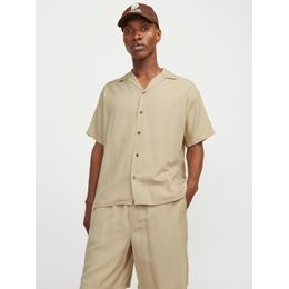 Jack & Jones Kurzarmhemd JACK & JONES "JPRCCAARON TENCEL RESORT SHIRT S/S LN", Herren, Gr. M, N-Gr, beige (fields of rye), Twill, Obermaterial: 53% Lyocell (TENCEL&trade;), 47% Polyester, unifarben, Basic, relaxed fit normal, Hemden Kurzarmhemd