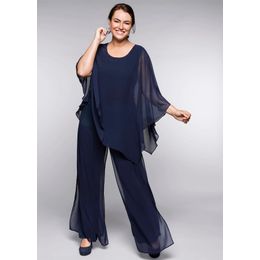Longbluse sheego, Damen, Gr. 44, blau (marine), 100% Polyester, unifarben, Rundhals, Blusen Longbluse