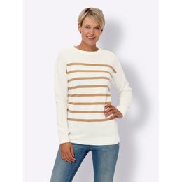 Strickpullover Classic Basics "Langarm-Pullover", Damen, Gr. 42, braun (ecru, camel, geringelt), 100% Polyacryl, gemustert, gestreift, Pullover Strickpullover