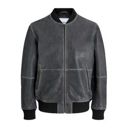 Jack & Jones Lederjacke JACK & JONES "JJECHARGE LEATHER BOMBER SN", Herren, Gr. L, schwarz (schwarz detail:washed), Web, Obermaterial: 100% Lammleder, unifarben, regular fit, hoch geschlossener Ausschnitt, Rippb&uuml;ndchen, Jacken Lederjacke