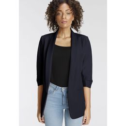 Kurzblazer Only "ONLELLA &ndash; Femininer Blazer mit 3/4-&Auml;rmeln und Raffung", Damen, Gr. 46, blau (night sky), Web, Obermaterial: 95% Polyester, 5% Elasthan, unifarben, V-Ausschnitt, Blazer Kurzblazer, regular fit, casual, Web, Kunstfaser, V-Ausschnitt